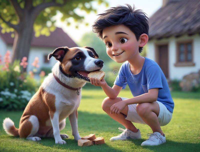 Smiling Cartoon Boy Feeding Dog with Bread in Garden. Stock ...