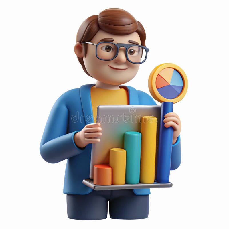 Smiling Cartoon Businessman Holding Tablet with Bar Graphs and Colorful ...