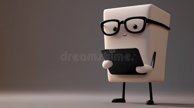 Smiling Cartoon Character Using Tablet and Wearing Glasses Stock ...