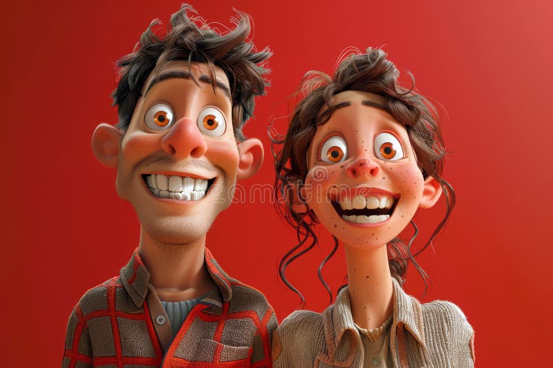 Smiling Cartoon Couple Wrapped in Love on Red Background Stock ...