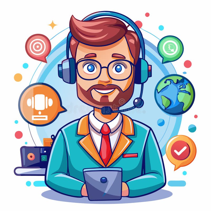 Smiling Cartoon Customer Service Representative Wearing Headset and ...