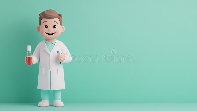 Smiling Cartoon Doctor Holding Beaker in Green 3D Rendering Stock ...