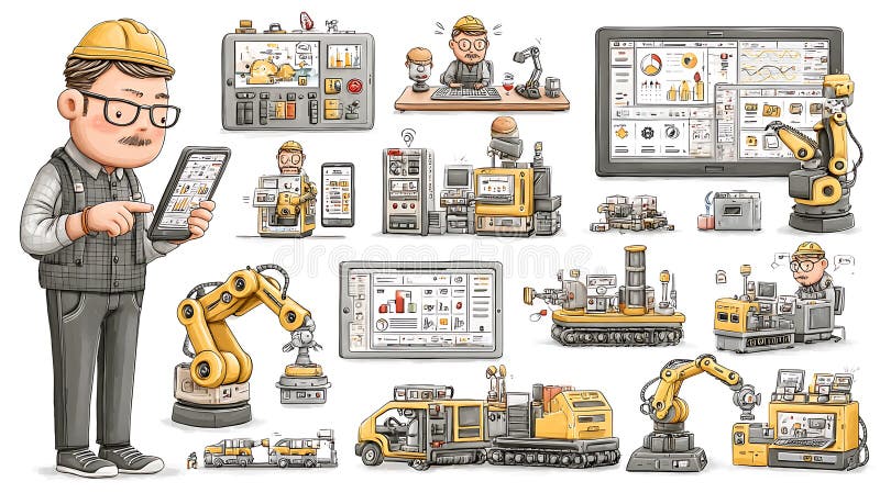 Smiling Cartoon Engineer with Digital Tablet, Industrial Automation and ...