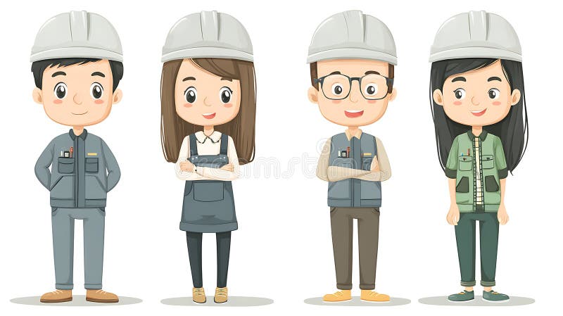 Smiling Cartoon Engineers Team in Hard Hats, Illustration Stock ...