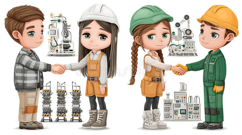 Smiling Cartoon Engineers and Technicians Shaking Hands, Teamwork and ...