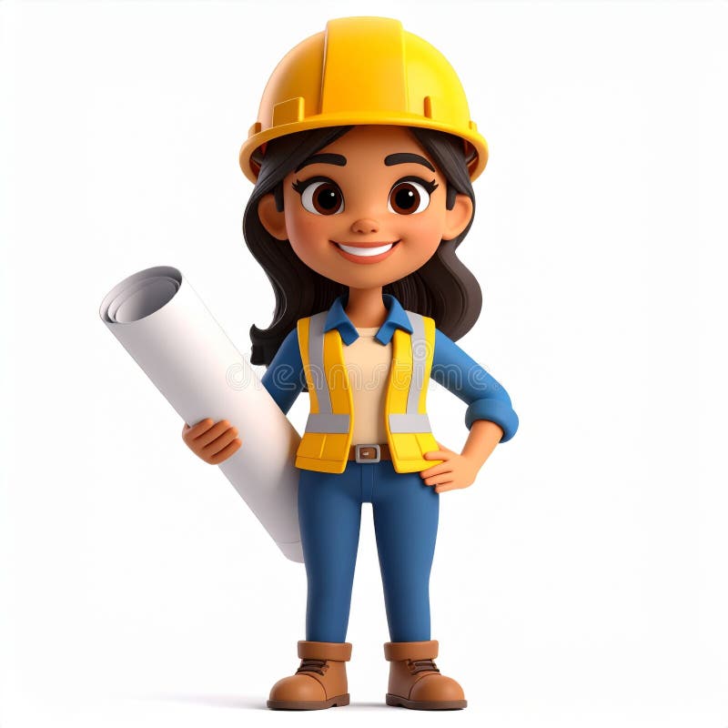 Smiling Cartoon Female Engineer Holding Blueprint Stock Illustration ...