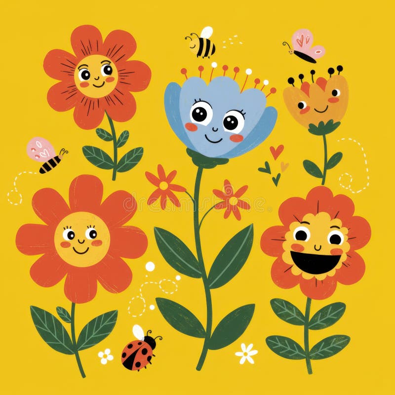 Smiling Cartoon Flowers with Insects on Yellow Background Stock ...