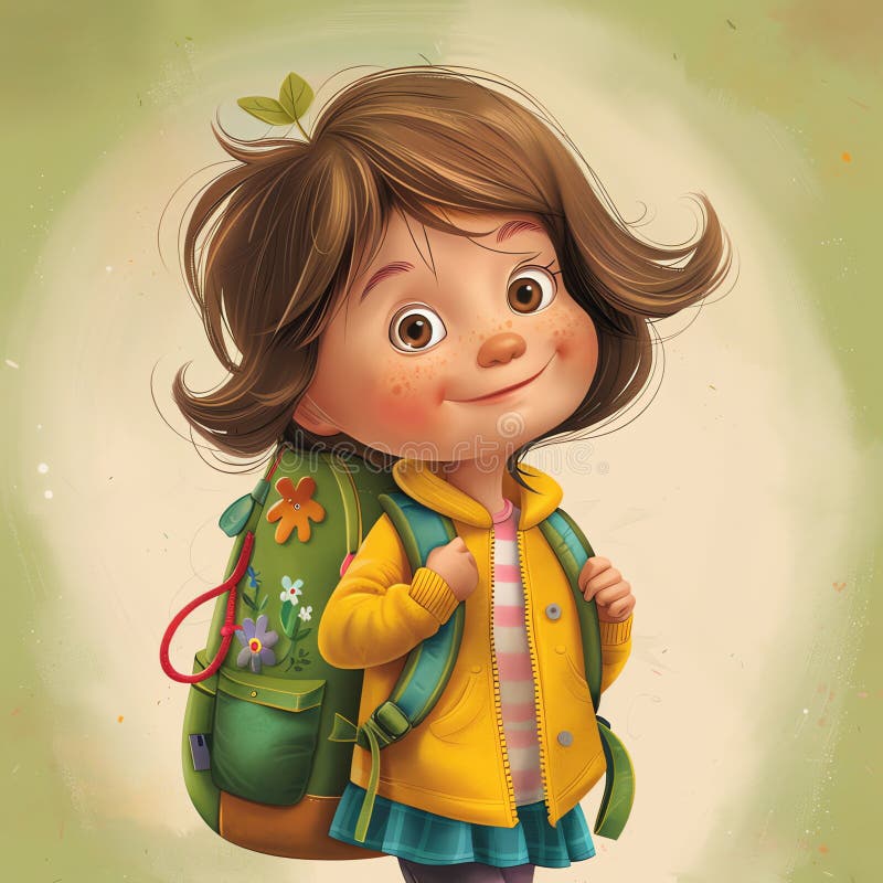 Smiling Cartoon Girl with Backpack Ready for School Stock Illustration ...