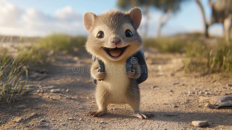 Smiling Cartoon Mouse with Backpack on a Desert Path Stock Illustration ...