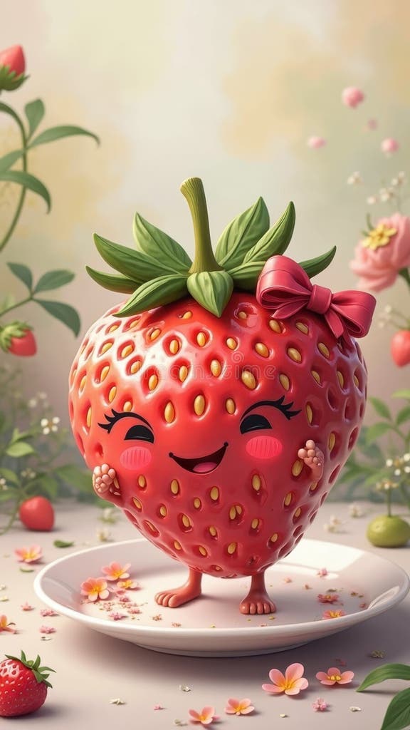 Smiling Cartoon Strawberry with Face and Bow on Plate in Garden Stock ...