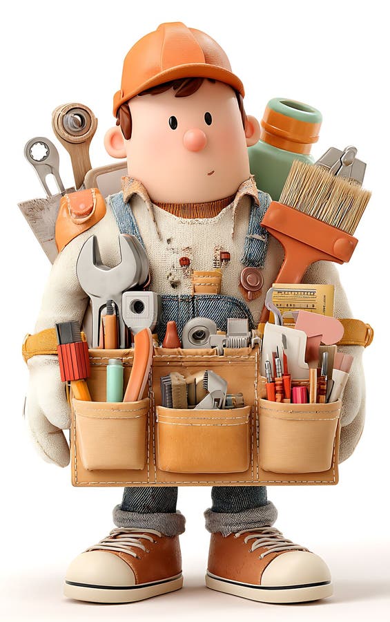 Smiling Cartoon Technician with Tool Belt 3D Render Stock Illustration ...