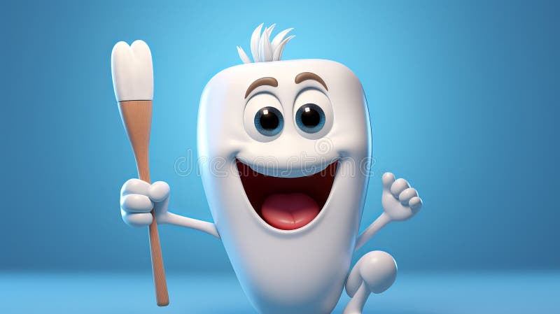 Smiling Cartoon Tooth with Clean Teeth Holding Toothbrush on Blue ...