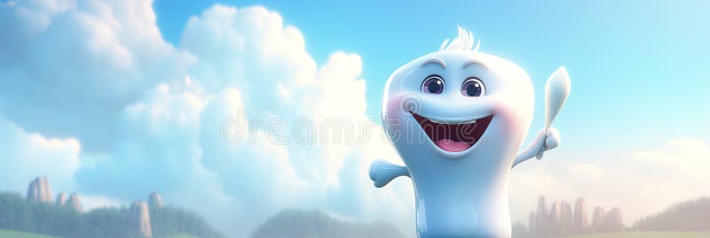 Smiling Cartoon Tooth with Clean Teeth, Holding Toothbrush, on Blue ...