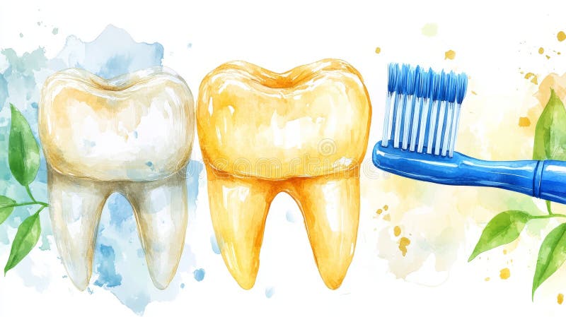 Smiling Cartoon Tooth Featuring Toothbrush and Green Foliage Stock ...