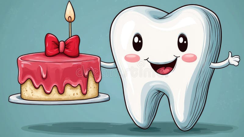 Smiling Cartoon Tooth Holding Cake with Candle Stock Illustration ...