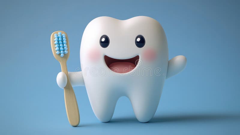 Smiling Cartoon Tooth Holding Toothbrush on Blue Background Stock ...