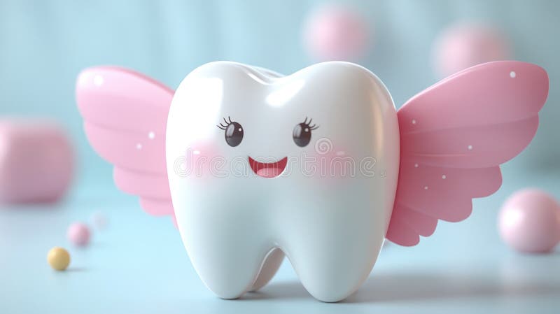 Smiling Cartoon Tooth with Pink Wings on Soft Blue Background Stock ...