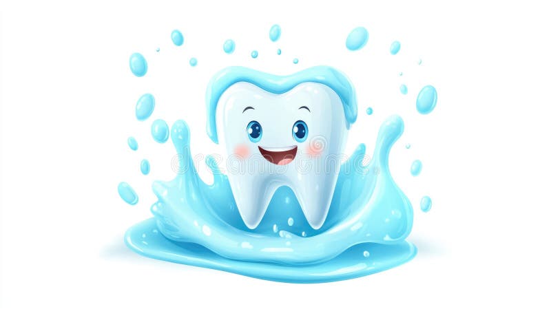 Smiling Cartoon Tooth Surrounded by Splashing Blue Water Droplets Stock ...