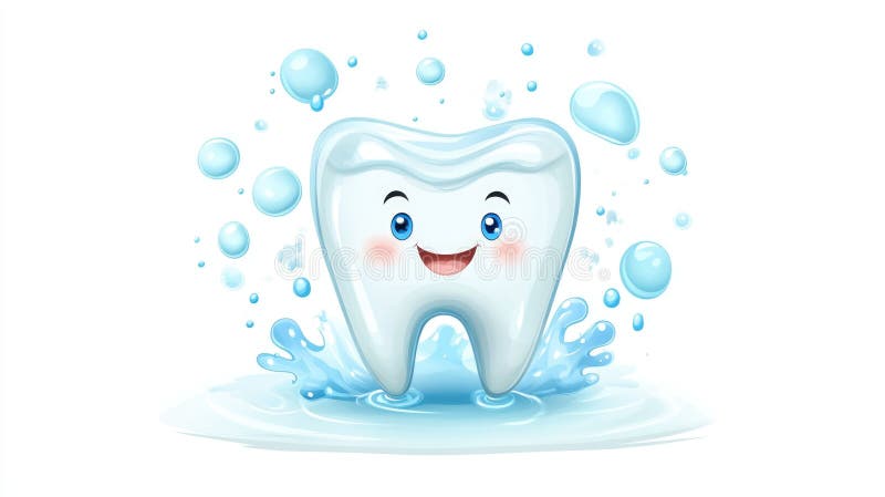Smiling Cartoon Tooth with Water Splashes and Bubbles Stock ...