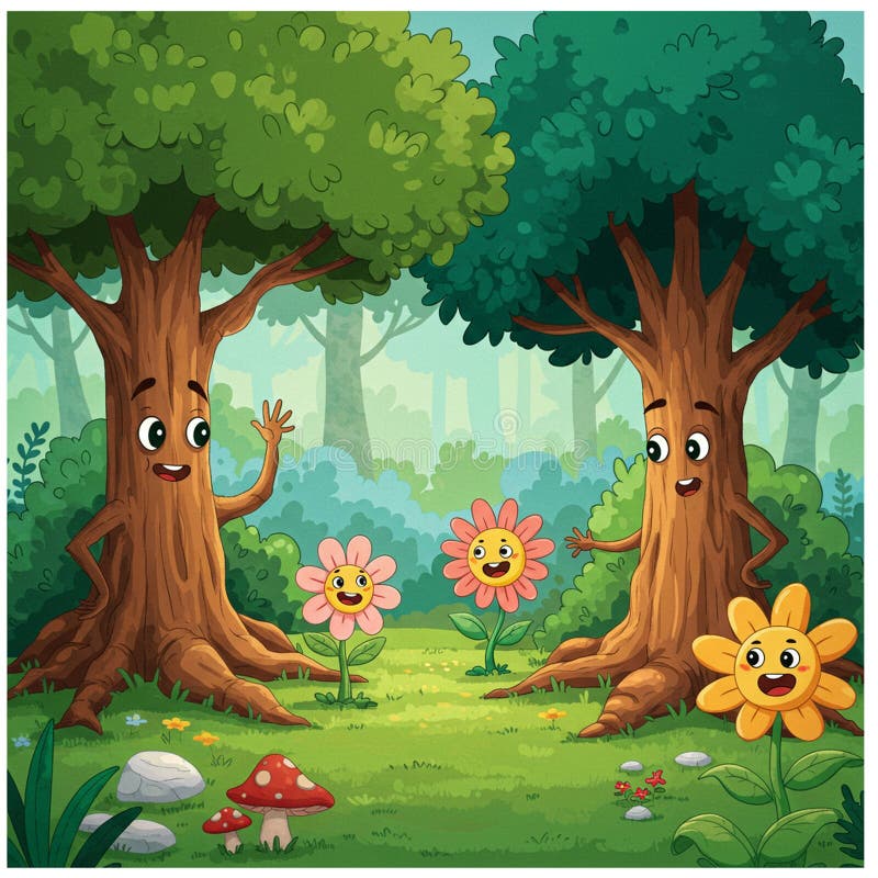 Smiling Cartoon Trees with Animated Faces and Arms Stand in a Forest ...