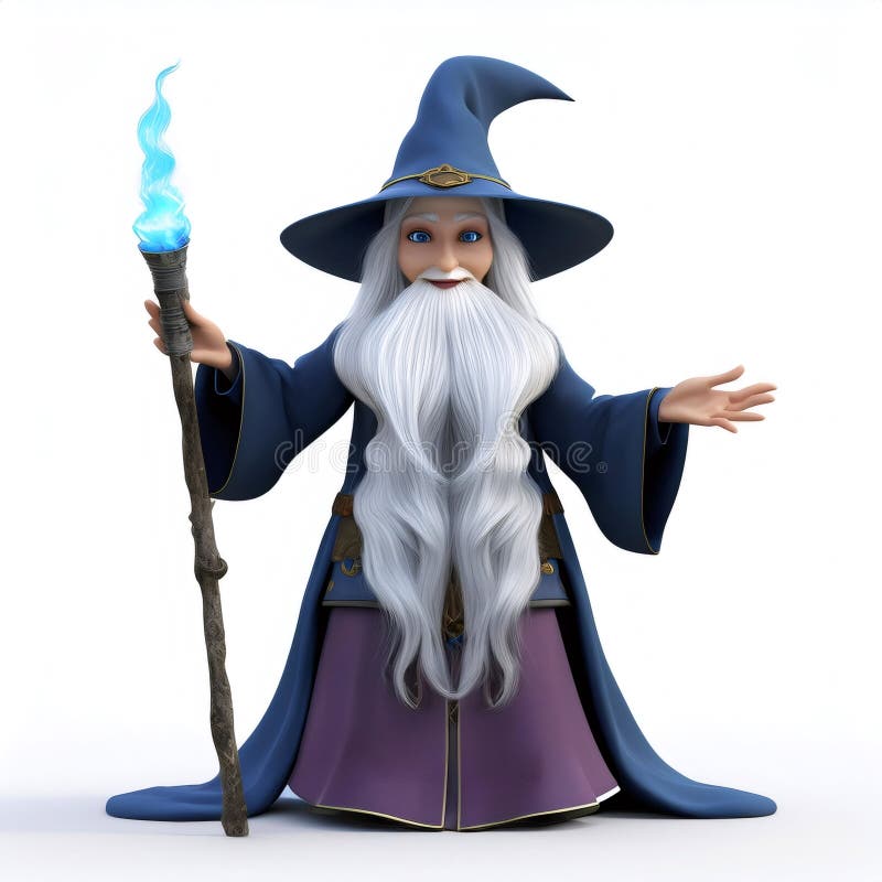 Smiling Cartoon Wizard with Long White Beard Casting a Spell with Magic ...