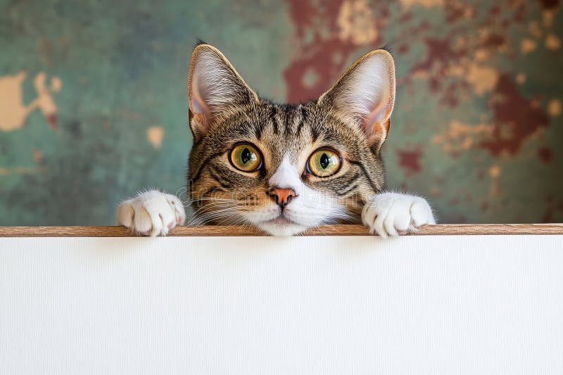 Smiling Cat Peeking Over a Blank White Board. Stock Photo - Image of ...