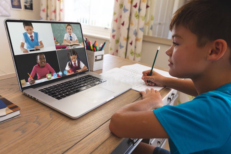 Smiling Caucasian Boy Using Laptop for Video Call, with Diverse ...