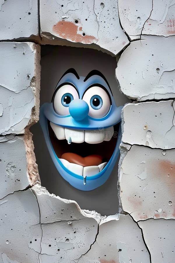Smiling Cheerful Face with Emotions Breaks through a Large Hole in the ...
