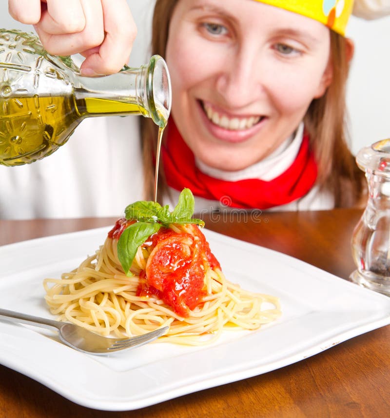 Smiling Chef Garnish an Italian Pasta Dish Stock Image - Image of ...