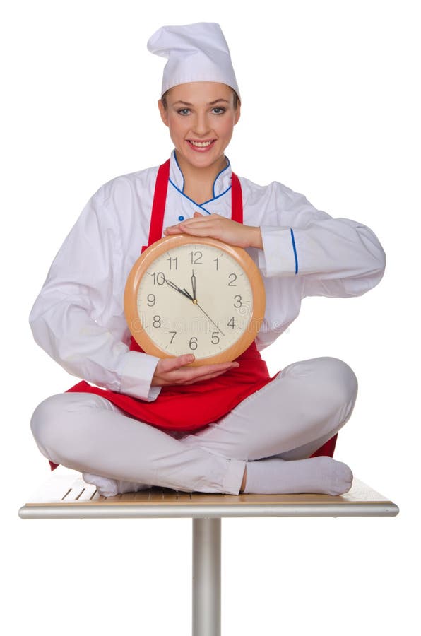 Smiling chef with clock stock photo. Image of lady, sitting - 35700686