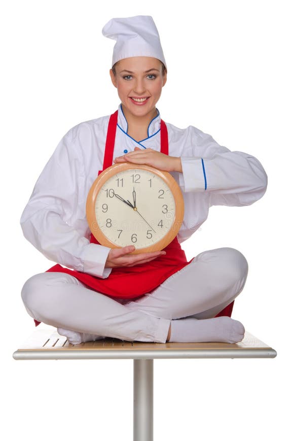 Smiling chef with clock stock photo. Image of lady, sitting - 35700686