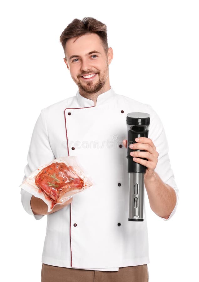 Smiling Chef Holding Sous Vide Cooker and Meat in Vacuum Pack on White ...