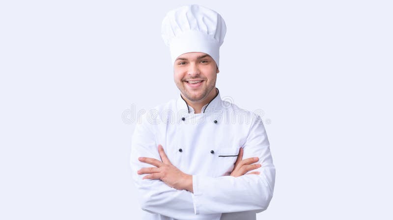 Smiling Chef Man Standing Crossing Hands in Studio, Panorama Stock ...