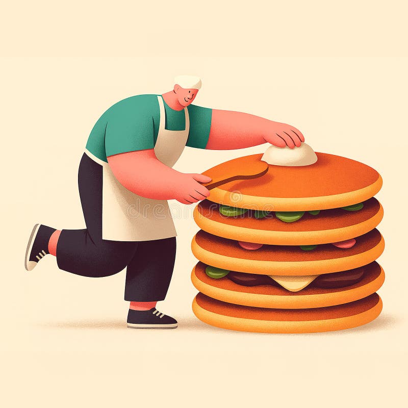 A Smiling Chef Prepares a Giant Stack of Pancakes, Celebrating ...