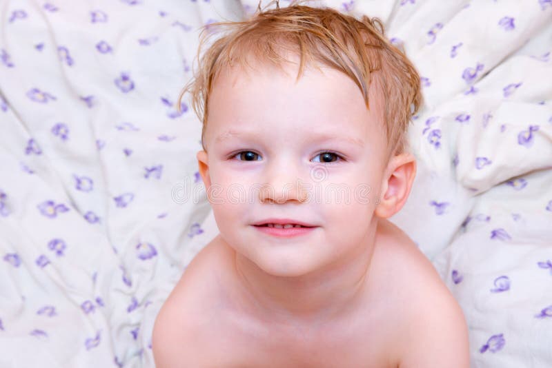 Smiling Child after Bathing in Bed Stock Image - Image of infancy ...