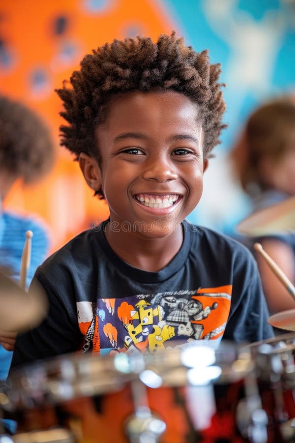 Smiling Child Playing Drums at Music Class with Colorful Background ...
