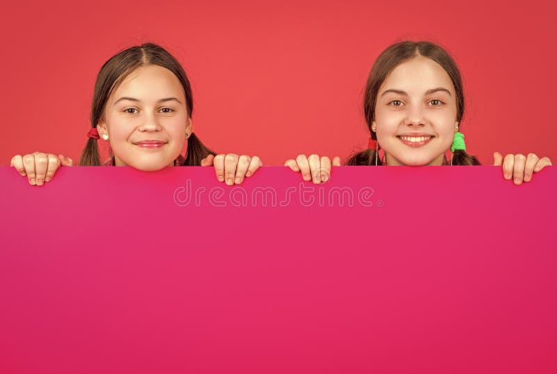 Smiling Children Behind Blank Pink Paper Copy Space Advertisement Stock ...