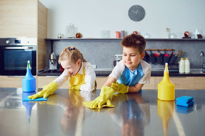 Smiling Children Do the Cleaning in the Kitchen Stock Photo - Image of ...