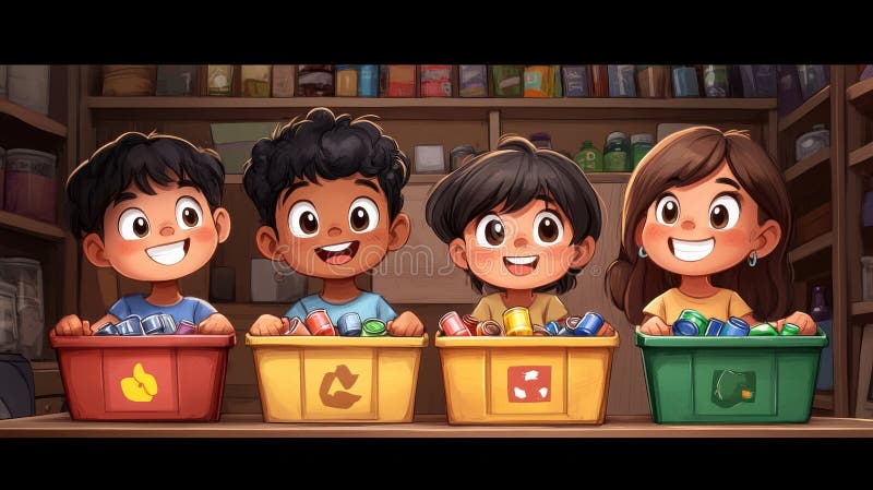 Smiling Children Sorting Recyclables in Colorful Bins Stock ...