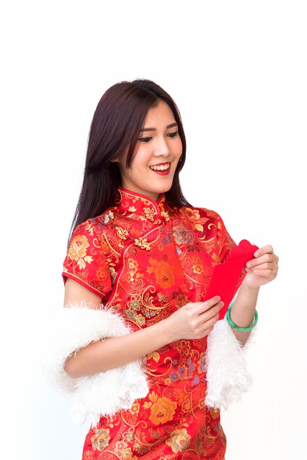 Smiling Chinese Woman with Red Pocket Showing Surprise Face Expression ...