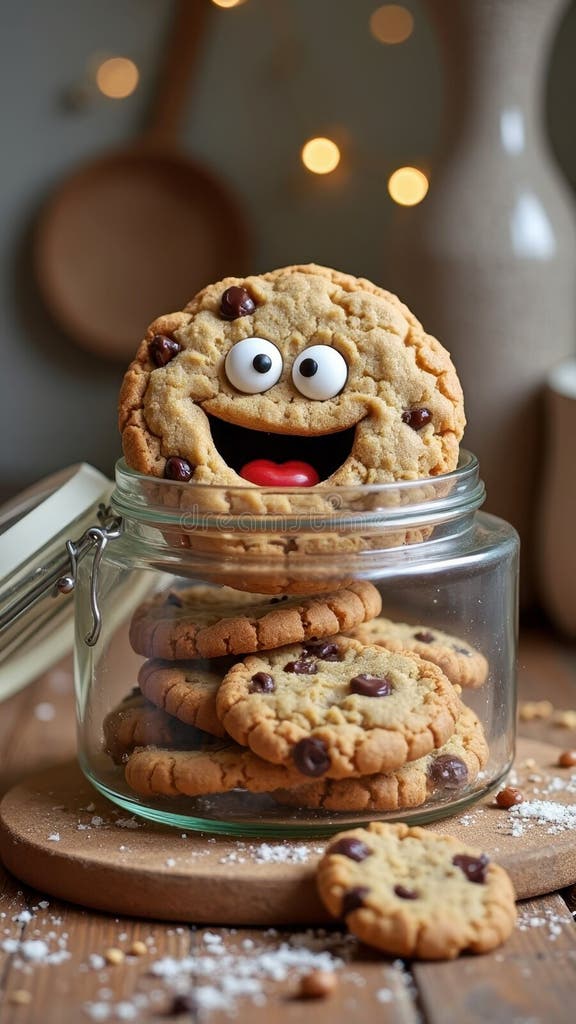 Smiling Chocolate Chip Cookie Face in Glass Jar with String Lights ...