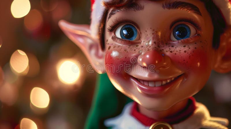 Smiling Christmas Elf with Big Blue Eyes and Freckles Stock Illustration - Illustration of ...
