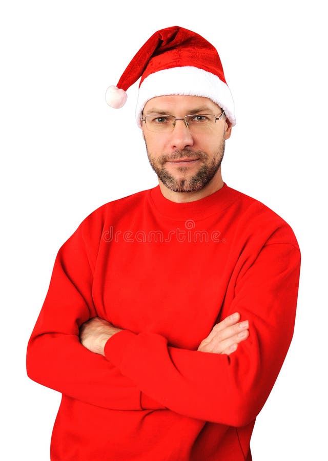 Smiling Christmas Man Wearing a Santa Hat Isolated on the White Stock ...