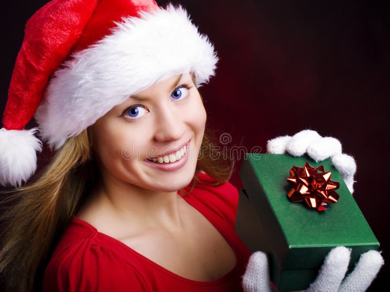 Smiling Christmas Woman Holding Present Stock Photo - Image of joyful ...