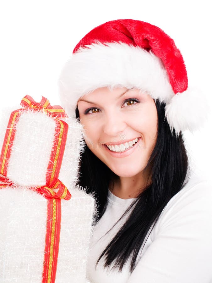 Smiling Christmas Woman Holding Present Over White Stock Image - Image ...