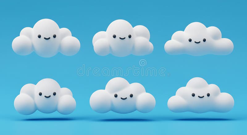 Smiling Cloud Characters Floating on Blue Background Cute Weather ...