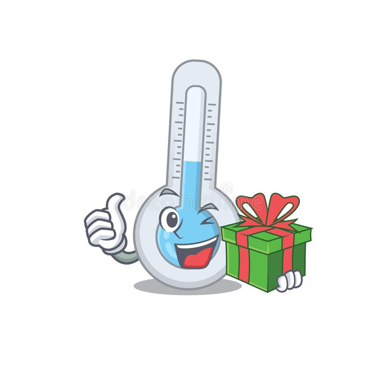 Smiling Cold Thermometer Cartoon Character Having a Green Gift Box ...