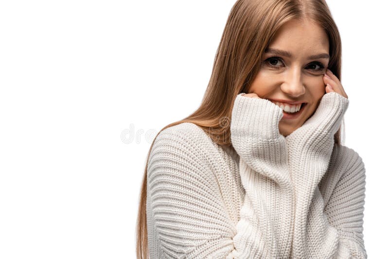 Smiling Cold Woman in White Sweater, Isolated on White Stock Image ...