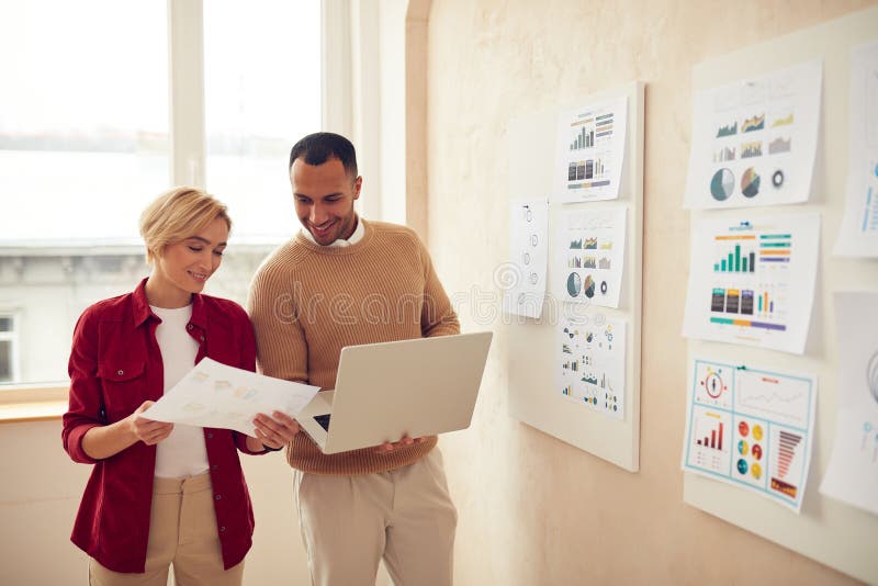 Smiling Colleagues Working Laptop Office. Happy Business Couple Using ...