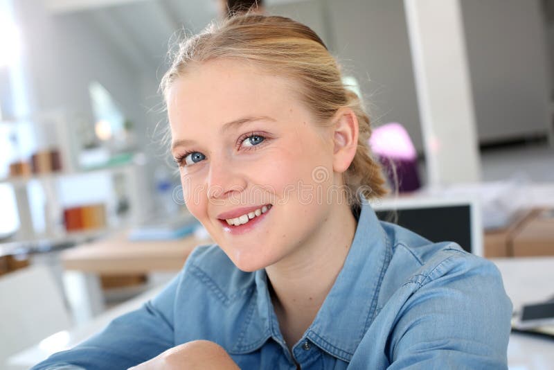 Smiling College Girl in Class Stock Image - Image of casual, internship ...